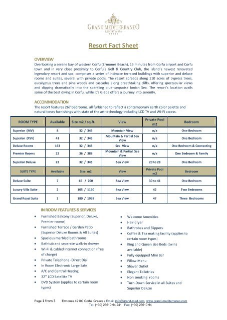 Resort Fact Sheet - Hotel Grand Mediterraneo Resort & Spa, Corfu