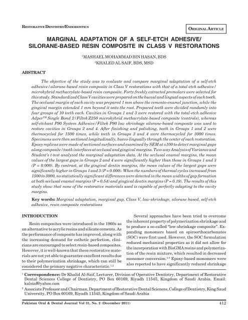 Marginal adaptation of a self-etch adhesive/silorane-based resin ...