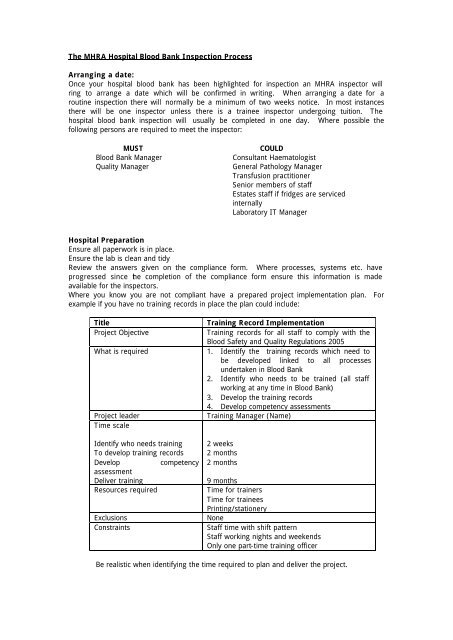 The MHRA Hospital Blood Bank Inspection Process Arranging a date