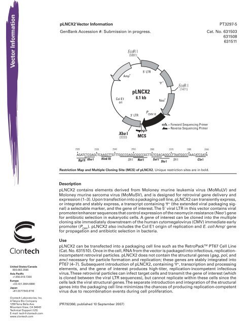 pLNCX2 Retroviral Vector Map - Clontech Laboratories, Inc.