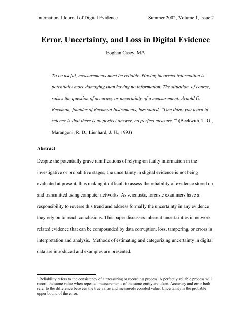 Error, Uncertainty, and Loss in Digital Evidence