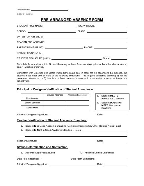 2010 Pre-Arranged Absence Form - Free Horizon Montessori