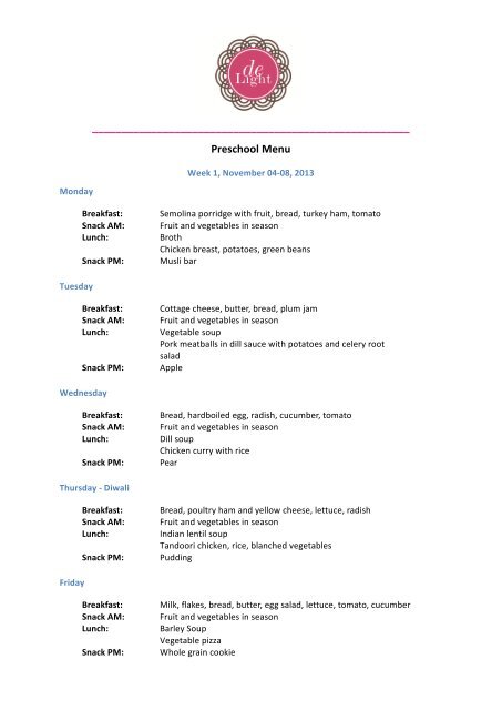 Preschool Menu