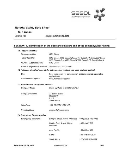 Material safety data sheet gtl diesel - the shell