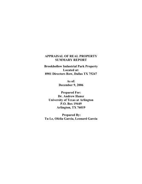 APPRAISAL OF REAL PROPERTY SUMMARY REPORT As Of