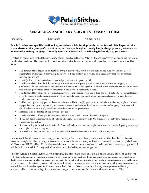 Surgery and Ancillary Services Consent Form (pdf) - Pets In Stitches