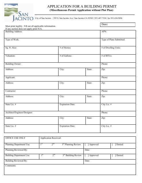 APPLICATION FOR A BUILDING PERMIT - the City of San Jacinto