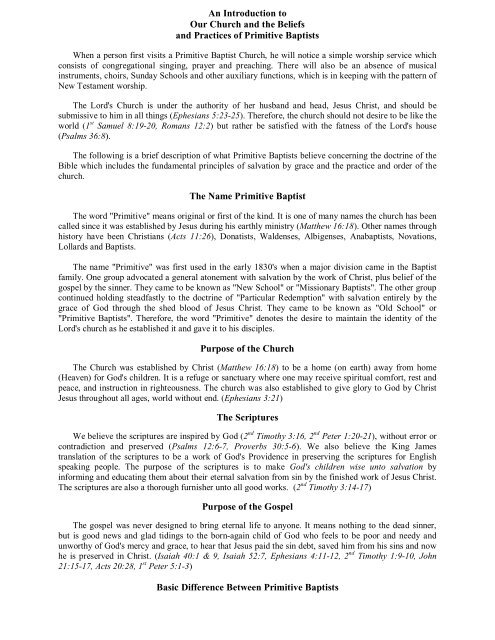 Our Church and the Beliefs and Practices of Primitive Baptists