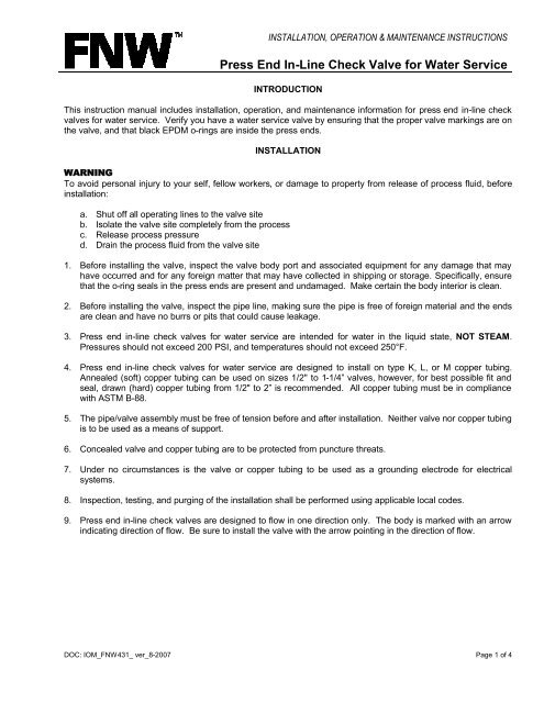 Press End In-Line Check Valve for Water Service - FNW Valve