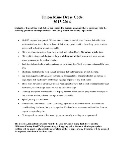 UMHS Dress Code - Union Mine High School