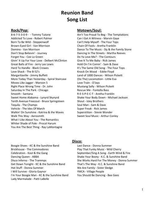 Reunion Band Song List - Simply Entertainment
