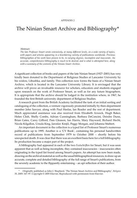 Appendix 2 The Ninian Smart Archive and Bibliography - Ashgate
