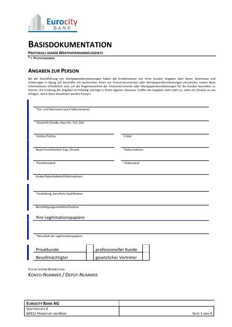 Basisdokumentation (Protokoll gemäß ... - Eurocity Bank AG