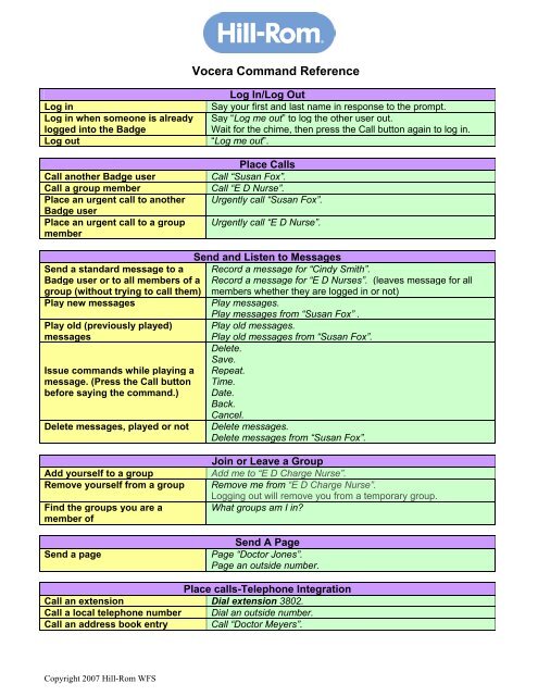 Vocera Command Reference