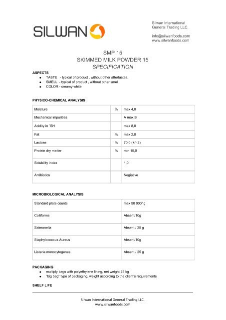 smp 15 skimmed milk powder 15 specification - Silwan Foods