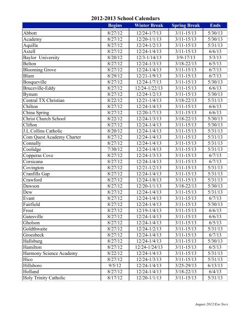 2012-2013 School Calendars