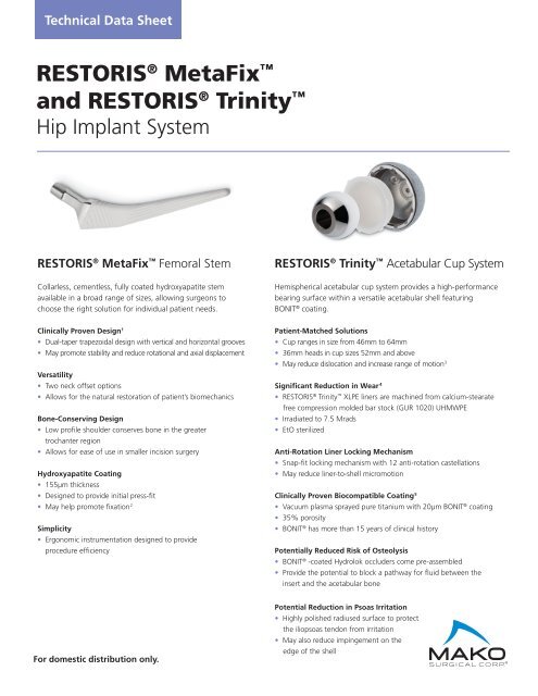 Technical Data Sheet - MAKO Surgical Corp.