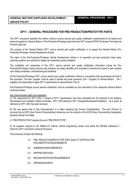 gp11 general procedure for pre-production-prototype parts