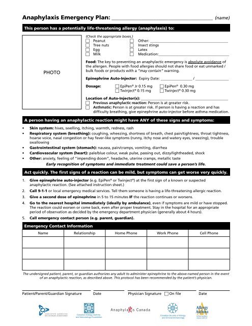 Anaphylaxis Emergency Plan with EpiPen - Anaphylaxis Canada
