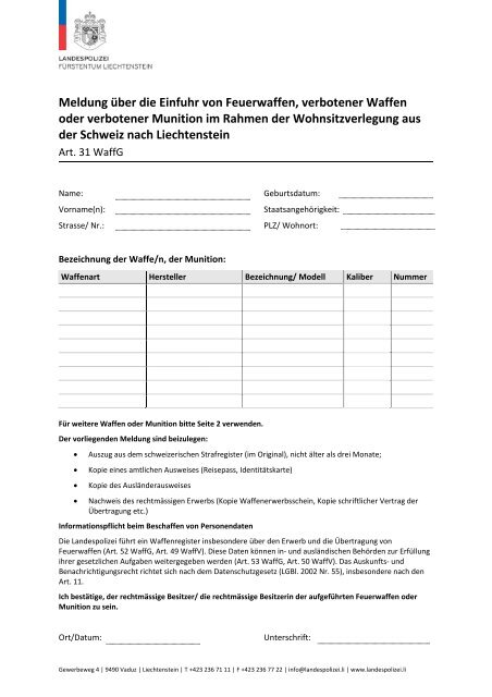 Formular zur Einfuhr von Waffen aus CH nach FL - Landespolizei ...