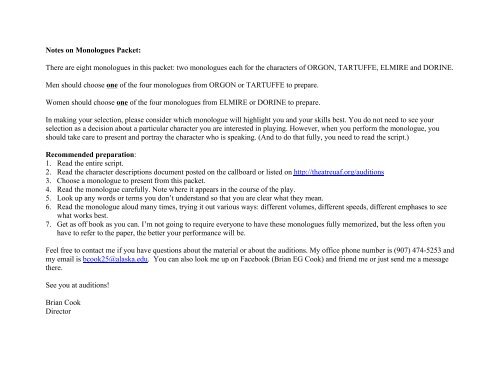 Tartuffe Monologue Packet downloadable here - Theatre UAF
