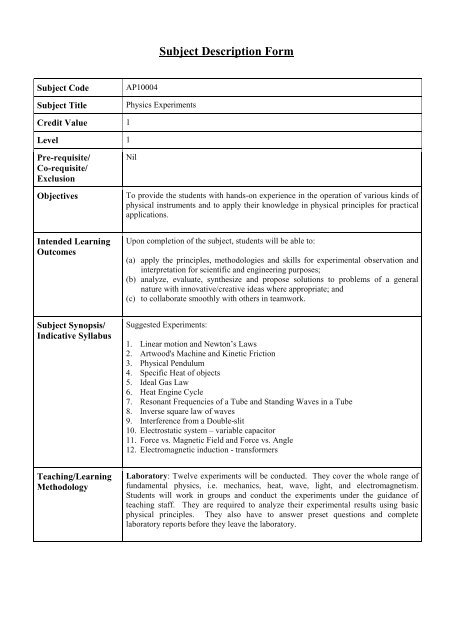 Subject Description Form - Department of Applied Physics
