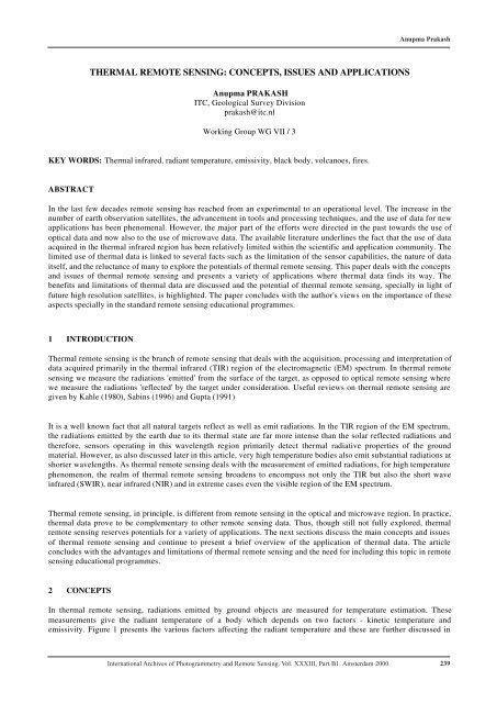 thermal remote sensing: concepts, issues and applications - ISPRS