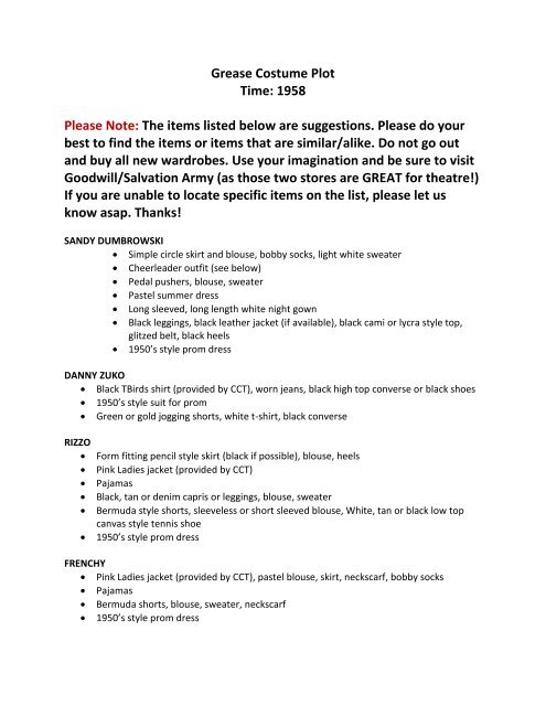 Grease Costume Plot Time: 1958 Please Note ... - CCTOnstage.com