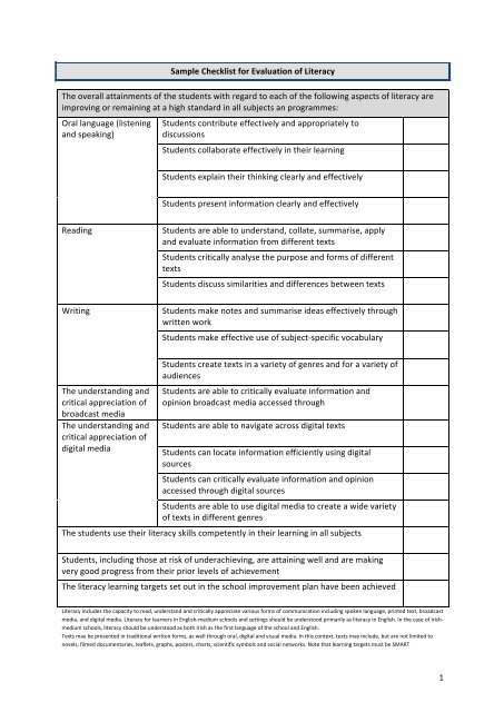Checklist for Literacy & Numeracy - PDST