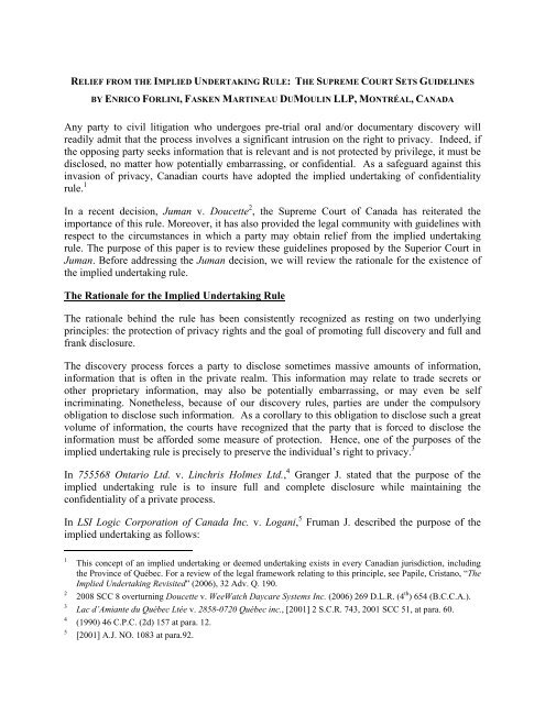 Relief from the implied undertaking rule - Fasken Martineau