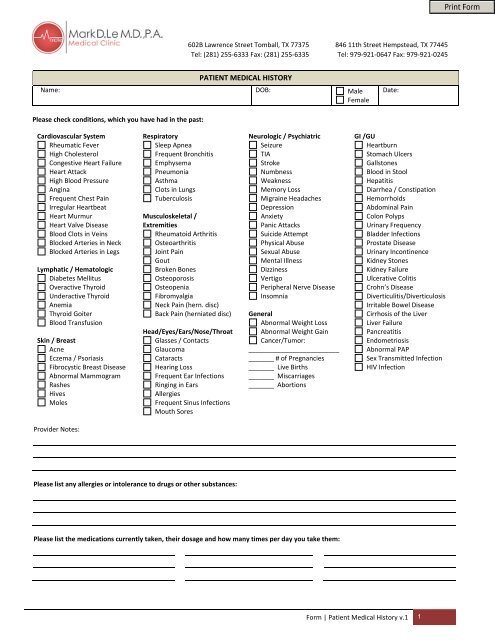 Sample Patient History Form