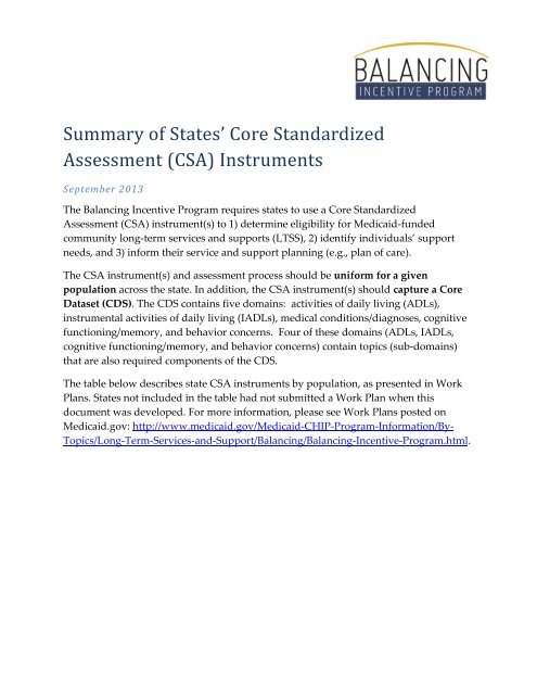 Core Standardized Assessment (CSA) - Balancing Incentive Program