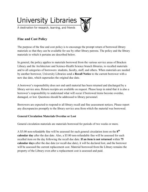 University Libraries Fine and Cost Policy