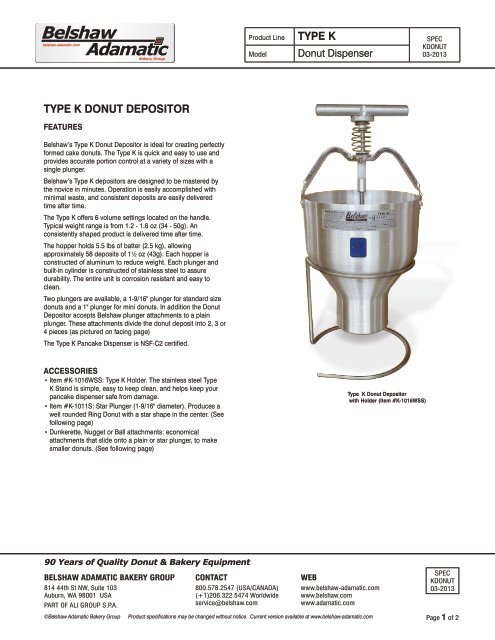 TYPE K TYPE K DONUT DEPOSITOR - Belshaw Adamatic