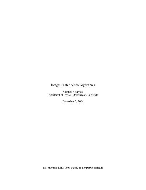 Integer Factorization Algorithms Connelly Barnes
