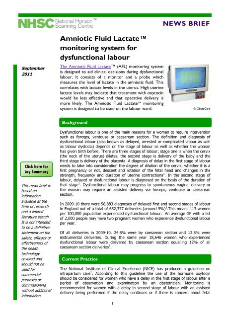 Amniotic Fluid Lactate™ monitoring system for ... - ObsteCare AB