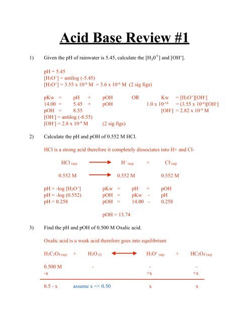 Acid-Base Review #1 - KEY