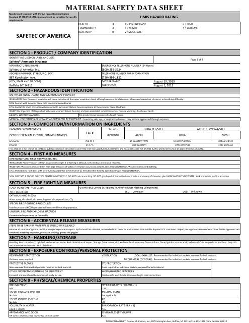 Ammonia Inhalants MSDS - Safetec of America