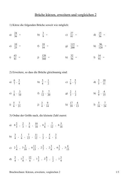 Brüche kürzen, erweitern und vergleichen 2 - Uebungen-mathe.de