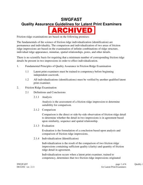 SWGFAST Quality Assurance Guidelines for Latent Print Examiners