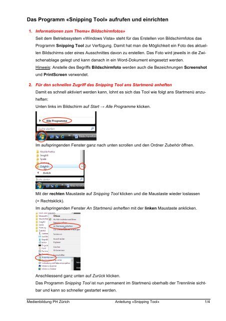 Das Programm «Snipping Tool» aufrufen und einrichten