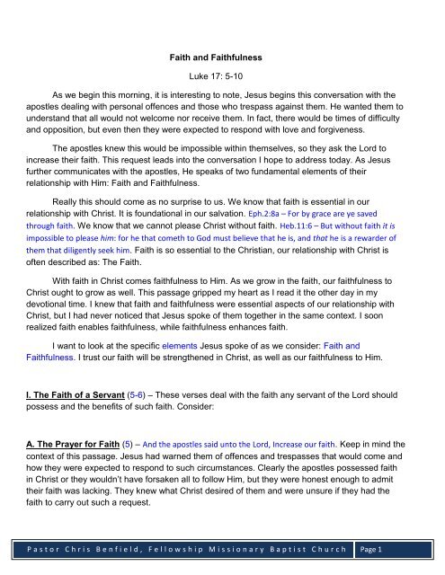Faith and Faithfulness Luke 17: 5-10 As we begin this ... - Pulpit Pages