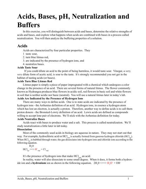 Acids, Bases, pH, Neutralization and Buffers