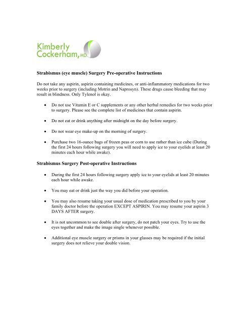 Strabismus (eye muscle) Surgery Pre-operative Instructions ...