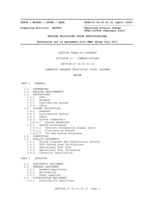 UFGS 27 54 00.00 20 Community Antenna Television (CATV)