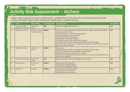 Activity Risk Assessment: - Archery - Carlton Lodge