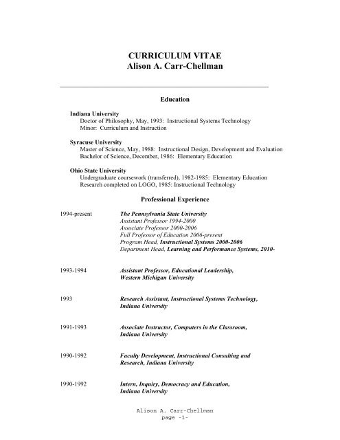 CURRICULUM VITAE Alison A. Carr-Chellman - the Penn State ...