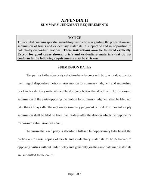 Sample Appendix II - Summary Judgment Requirements