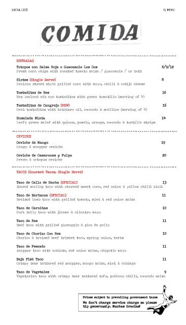 a la carte menu - Lucha Loco