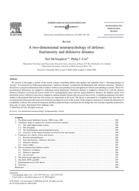 A two-dimensional neuropsychology of defense: fear/anxiety and ...